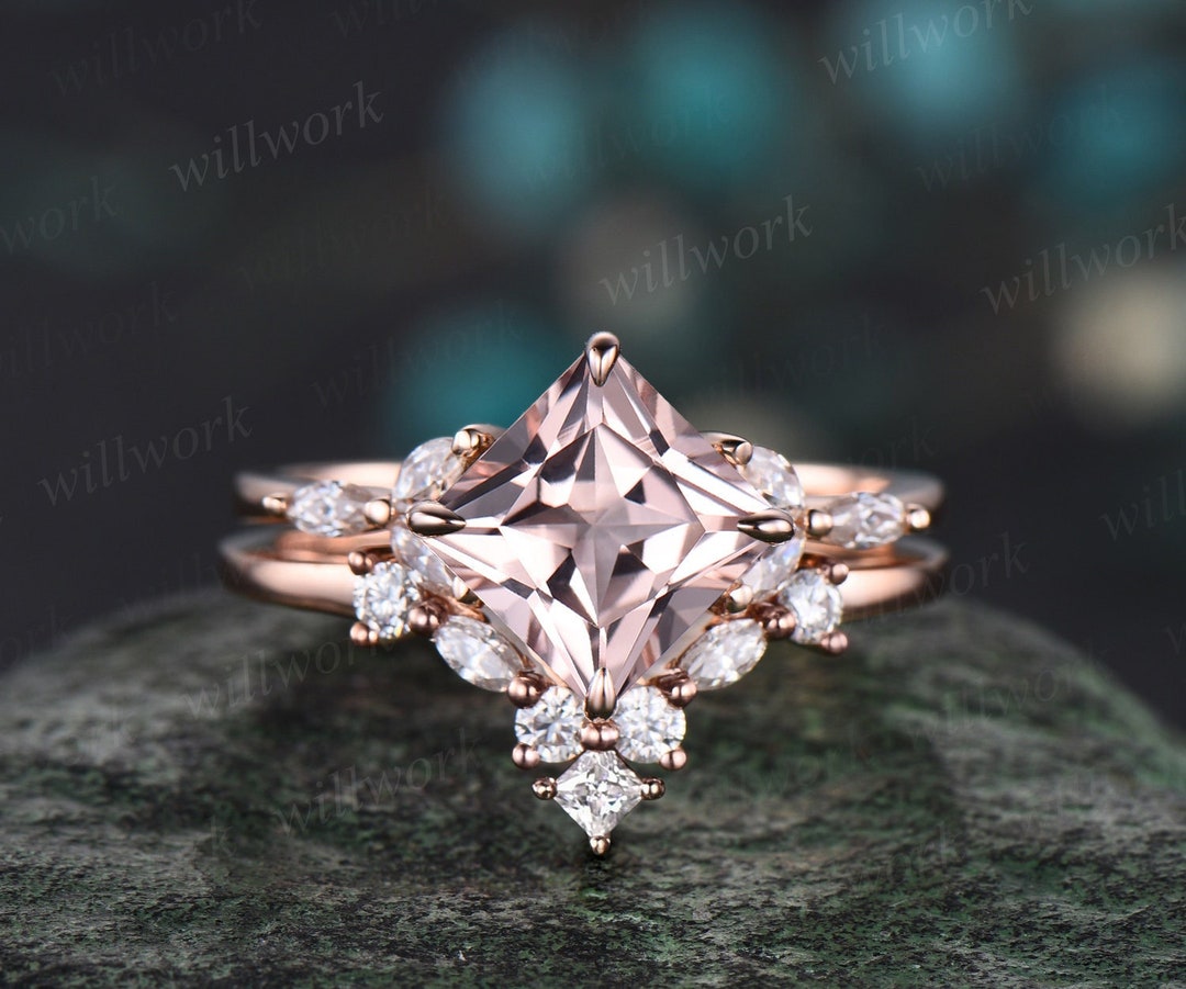 Princess Cut Morganite Engagement Ring Set Solid 14k Rose Gold Cluster ...