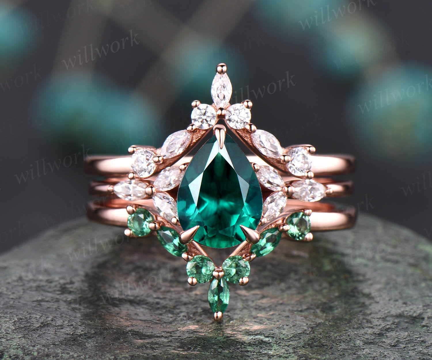 3pcs Emerald Engagement Ring Set Vintage Marquise Emerald Ring - Etsy