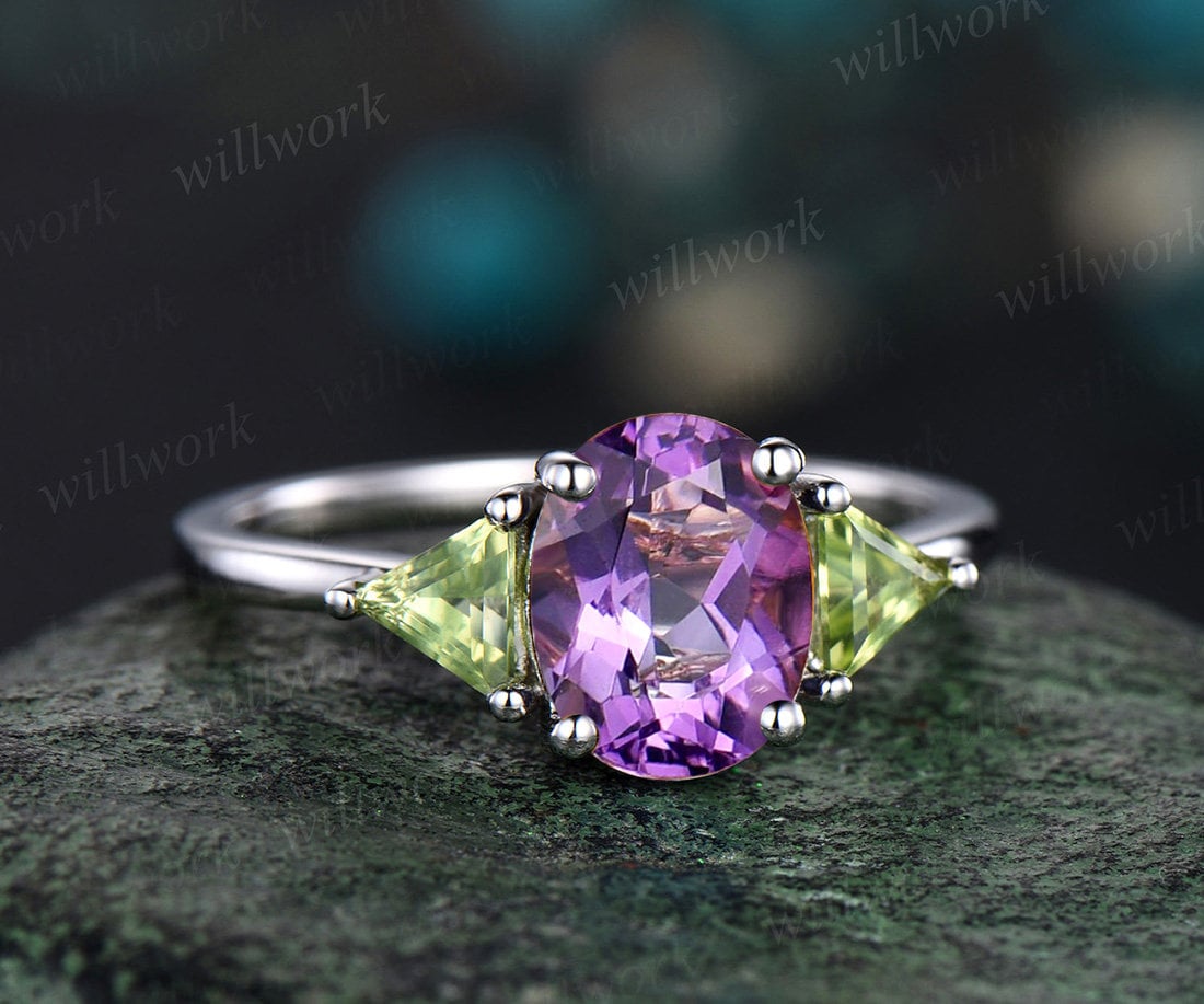 Oval Purple Amethyst Ring Three Stone Trillion Peridot Ring White Gold ...