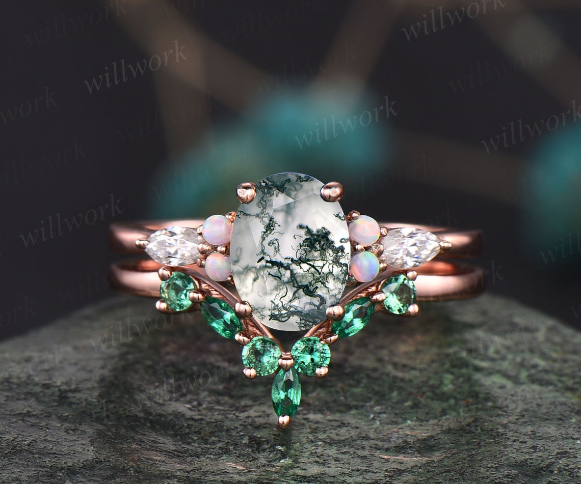 Oval Moss Agate Ring Gold for Women Vintage Moss Agate Engagement Ring ...