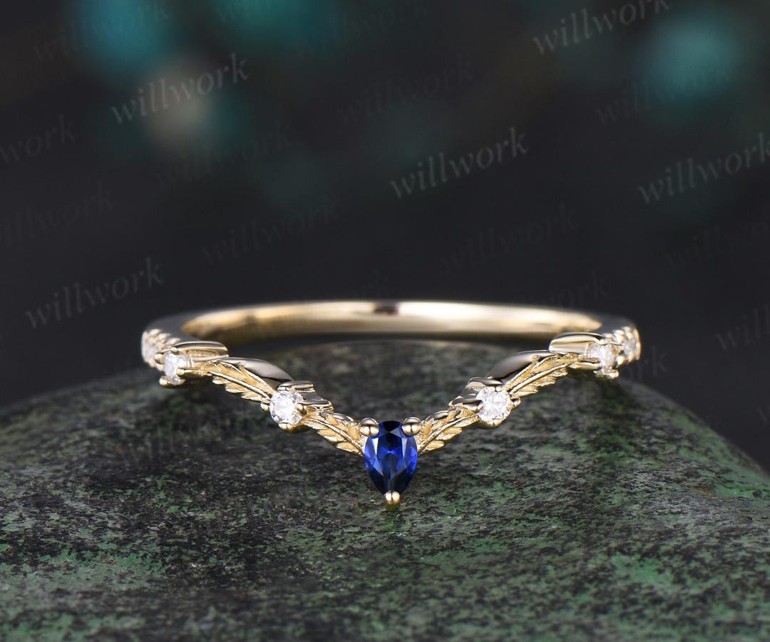 Vintage Pear Sapphire Diamond Wedding Band Solid 14k Yellow Gold Art ...
