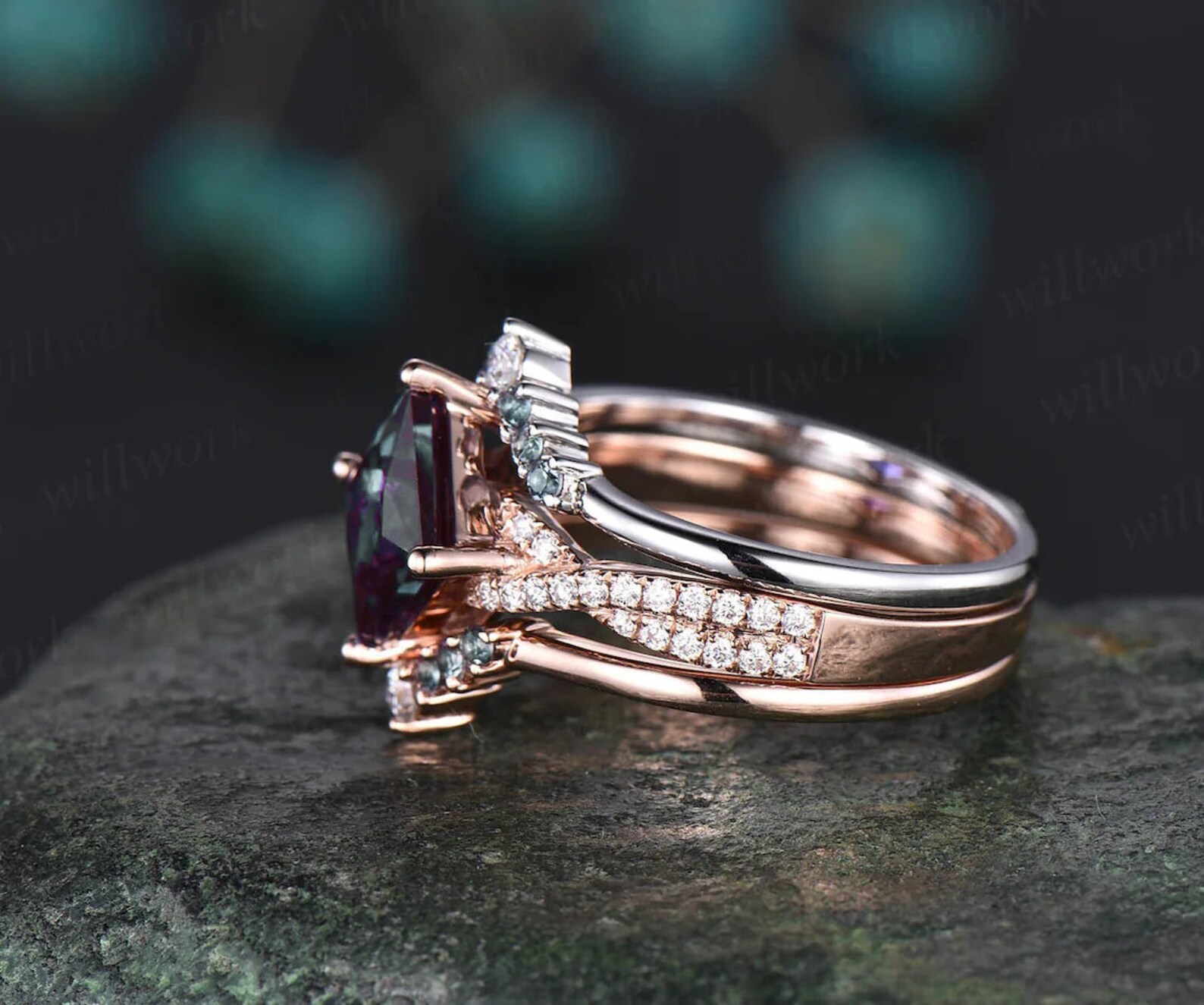 Vintage Princess Cut Moss Agate Engagement Ring Set Solid 14k Rose Gold ...