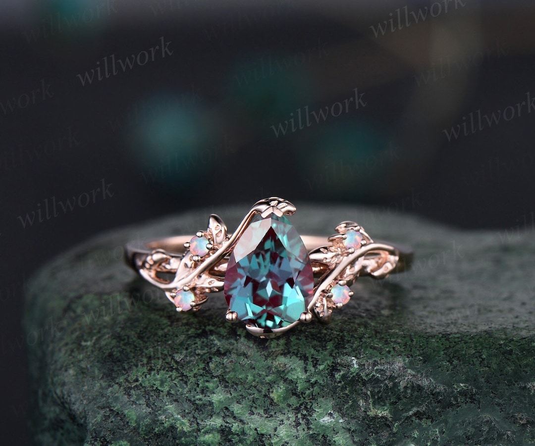 Pear Shaped Alexandrite Engagement Ring Solid 14k Rose Gold Leaf Branch ...