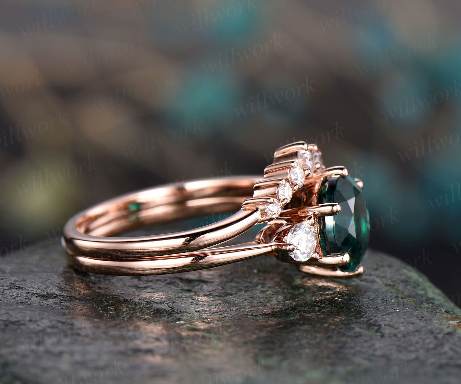 2pcs round emerald engagement ring set solid 14k rose gold | Etsy