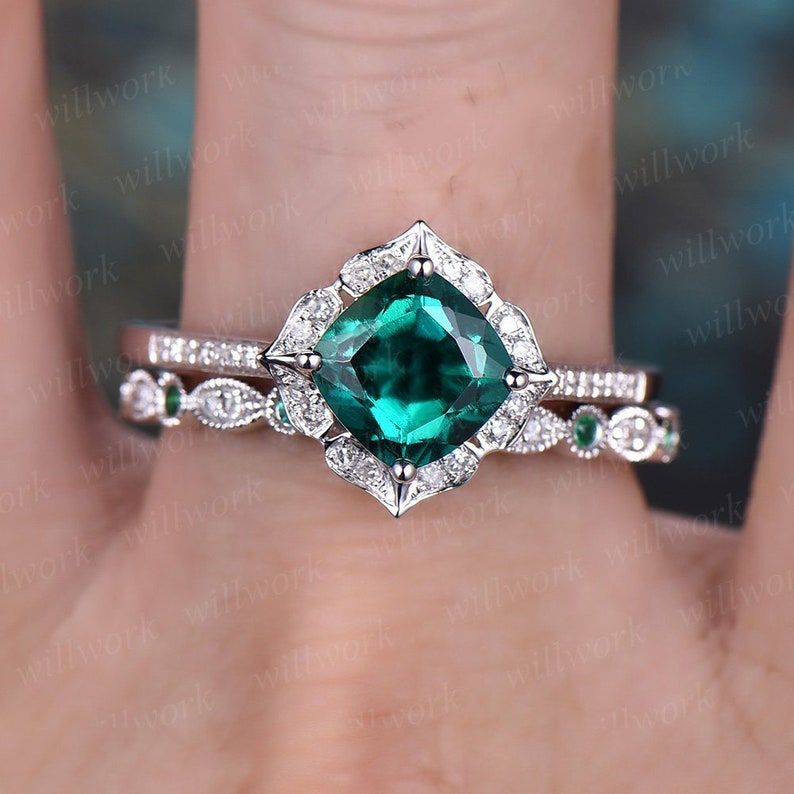 Emerald engagement ring set 14k white gold full eternity | Etsy