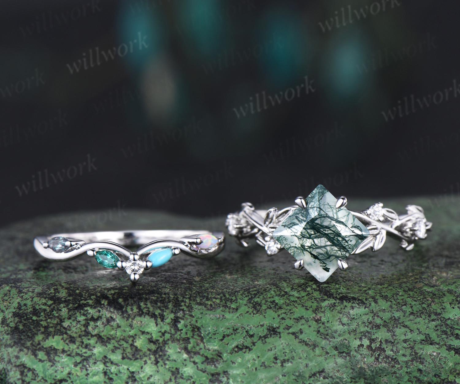 Princess Cut Moss Agate Engagement Ring Set Twig Leaf Diamond Turquoise ...
