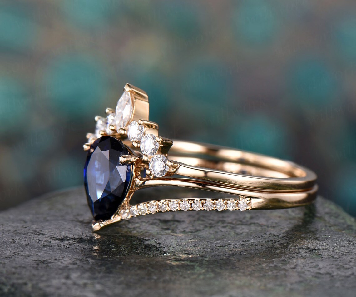 6x8mm 2pc Sapphire Bridal Set Sapphire Engagement Ring Set - Etsy