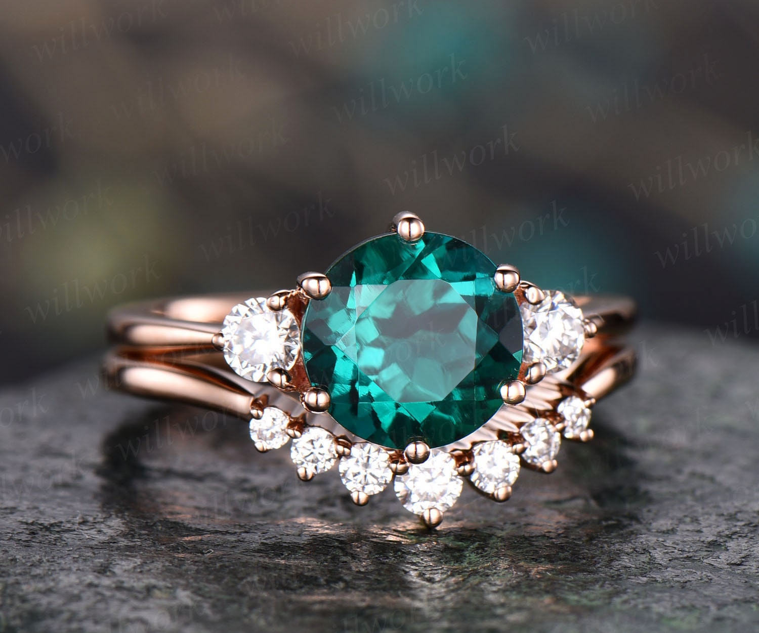 2pcs round emerald engagement ring set solid 14k rose gold | Etsy