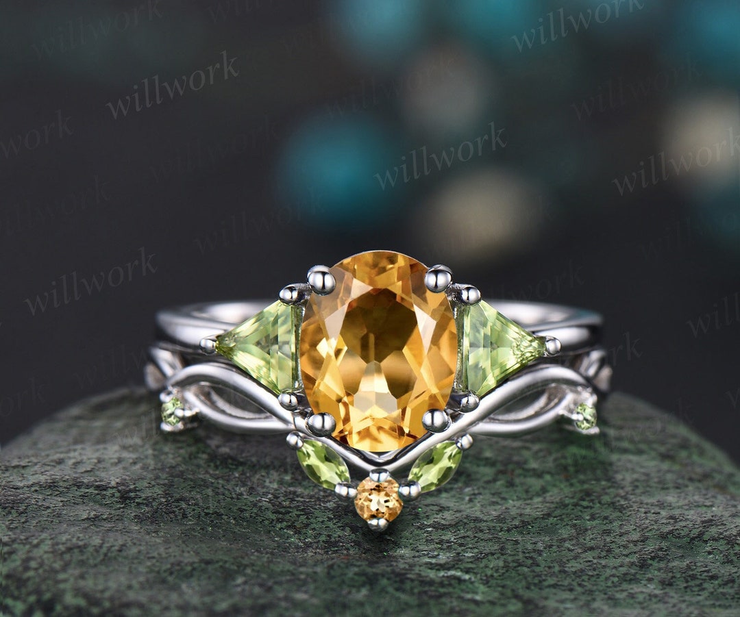 Oval Yellow Citrine Ring Three Stone Trilliant Peridot Ring White Gold ...