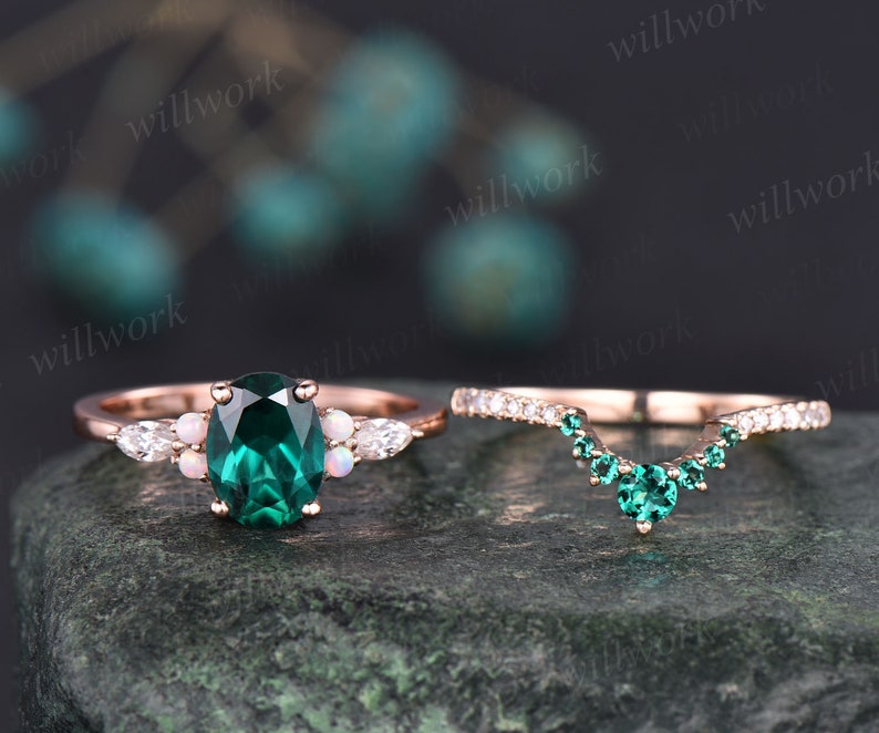 Vintage Emerald Engagement Ring Set 2pcs Oval Emerald Ring Set - Etsy