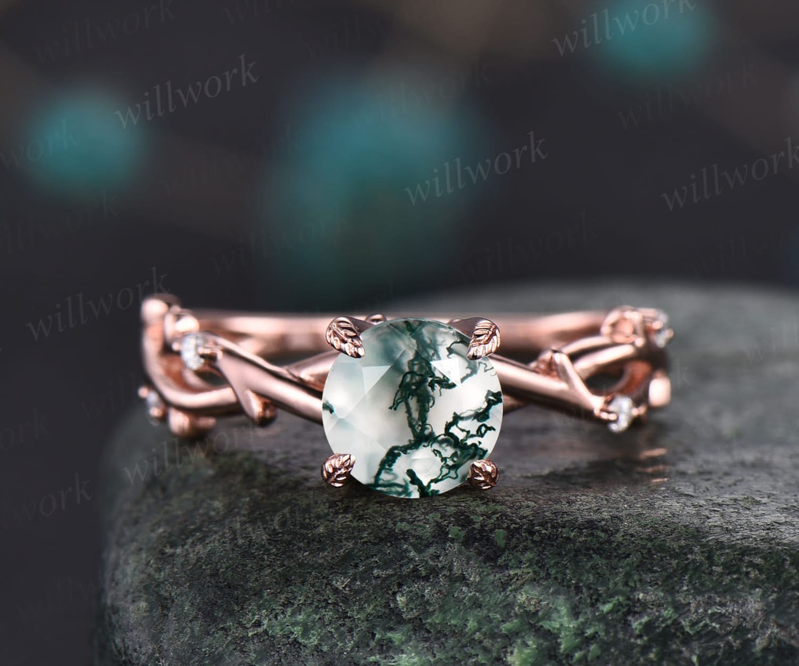 Round Moss Agate Ring for Women Vintage Moss Agate Engagement Ring Leaf ...