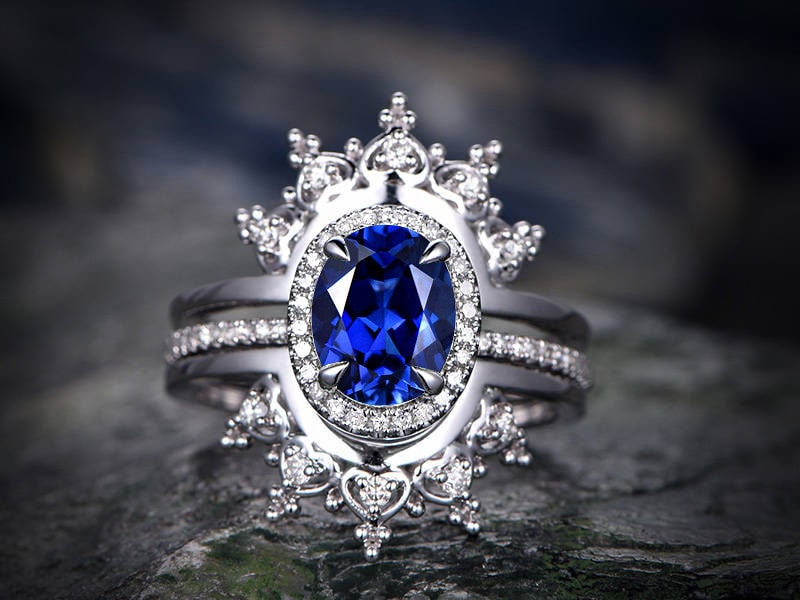 Blue Sapphire Engagement Ring Set White Rose Gold 2pc Sapphire Ring ...