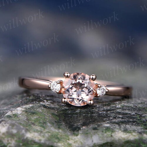 Rose Gold Three Stone Engagement Ring Wedding Ring Set - Etsy