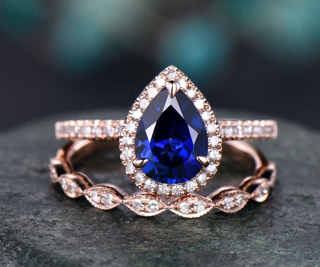 6x8mm 2pc Sapphire Bridal Set Sapphire Engagement Ring Set Rose Gold ...