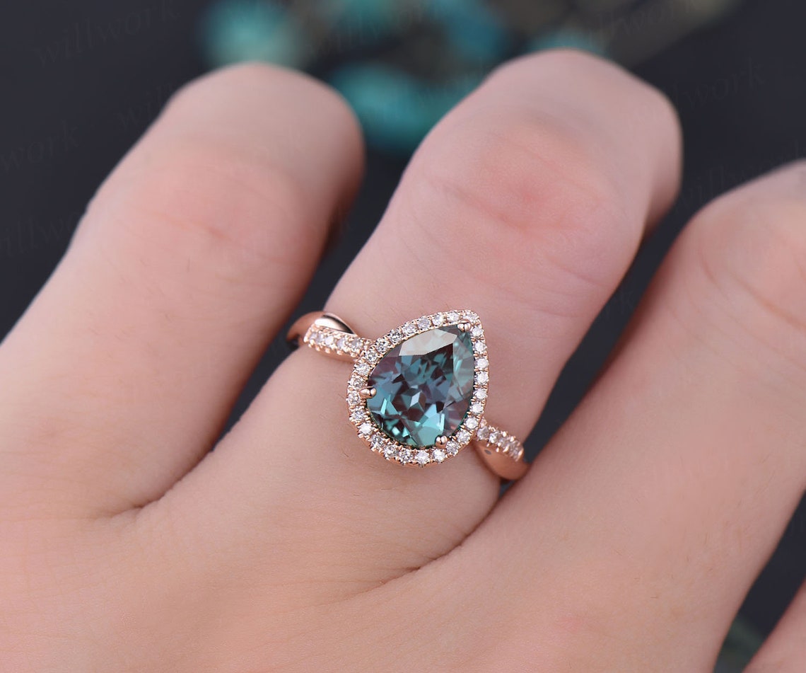 Pear Shaped Alexandrite Engagement Ring 14k Rose Gold Diamond - Etsy