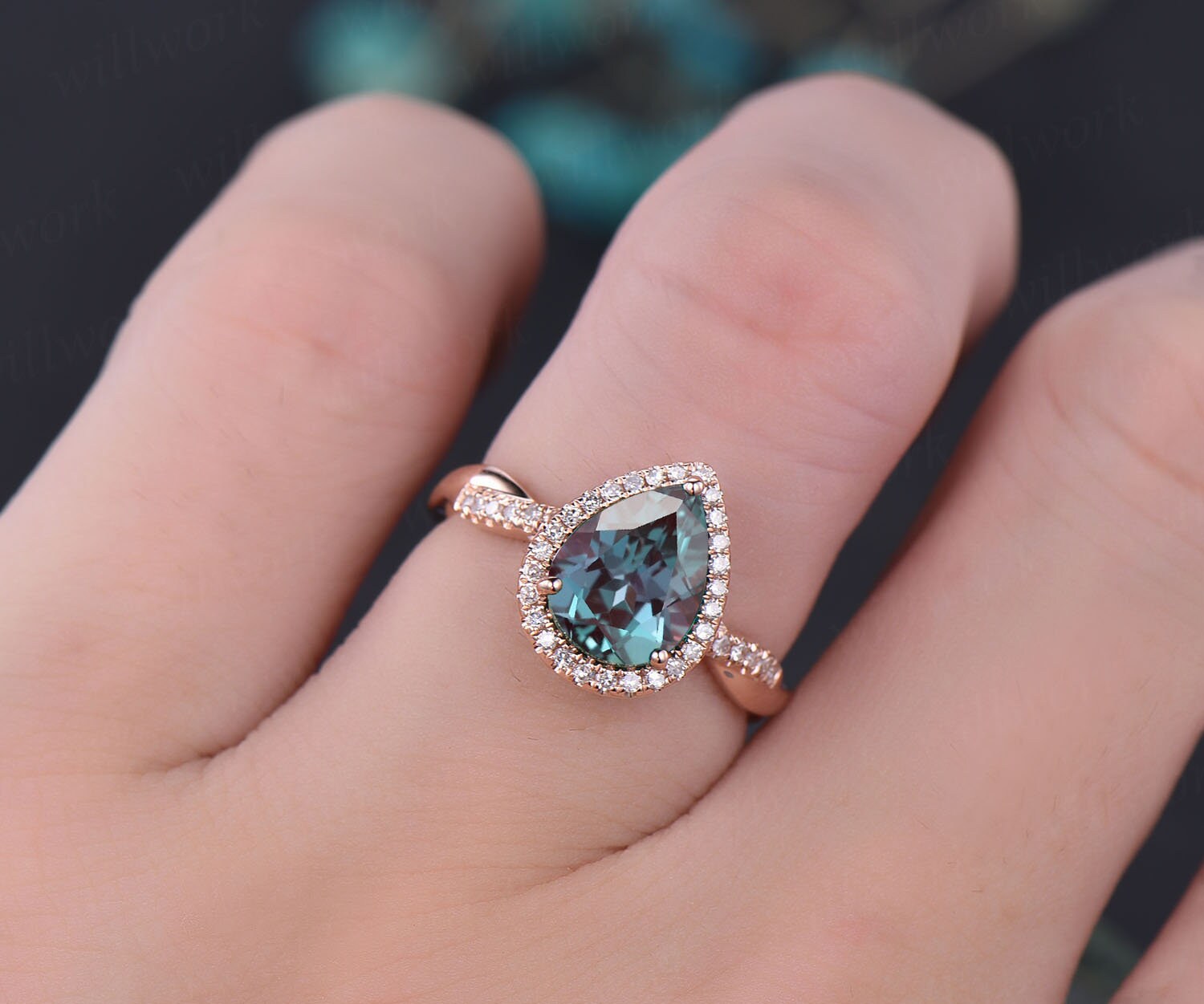 Pear Shaped Alexandrite Engagement Ring 14k Rose Gold Diamond - Etsy