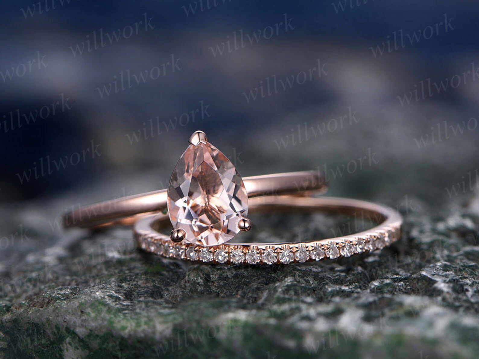 Morganite Engagement Ring Set-handmade Solid 14k Rose Gold Ring-real ...