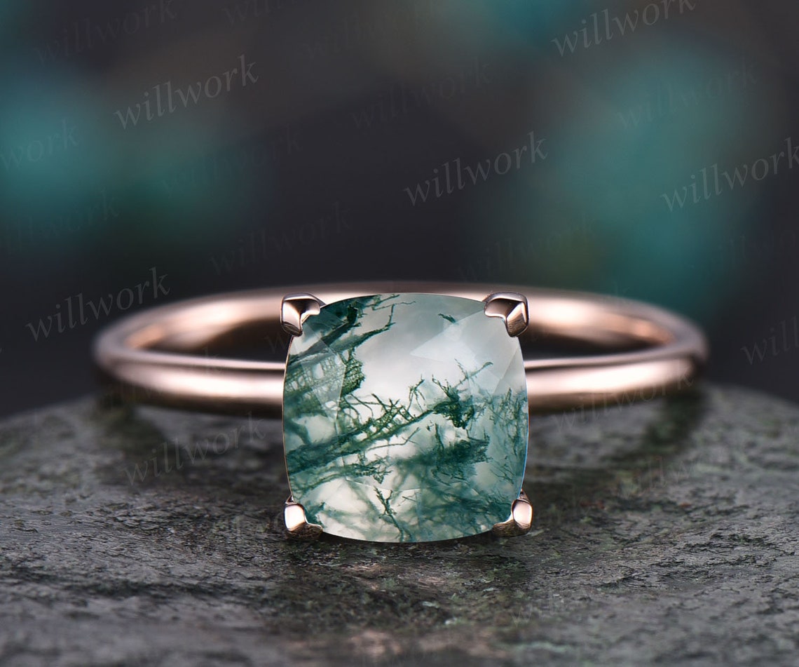 Vintage Moss Agate Engagement Ring Cushion Cut Moss Agate Ring ...