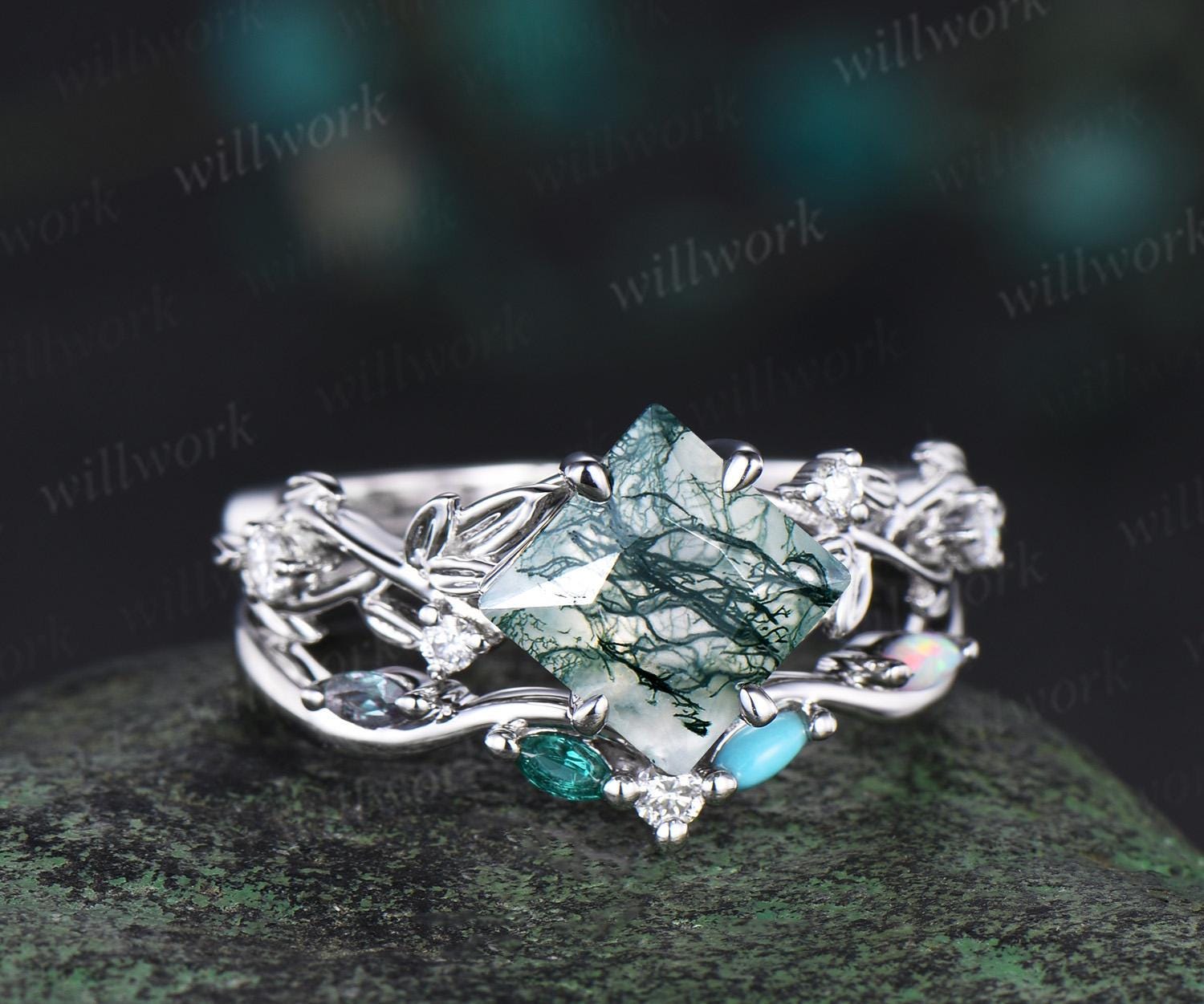 Princess Cut Moss Agate Engagement Ring Set Twig Leaf Diamond Turquoise ...