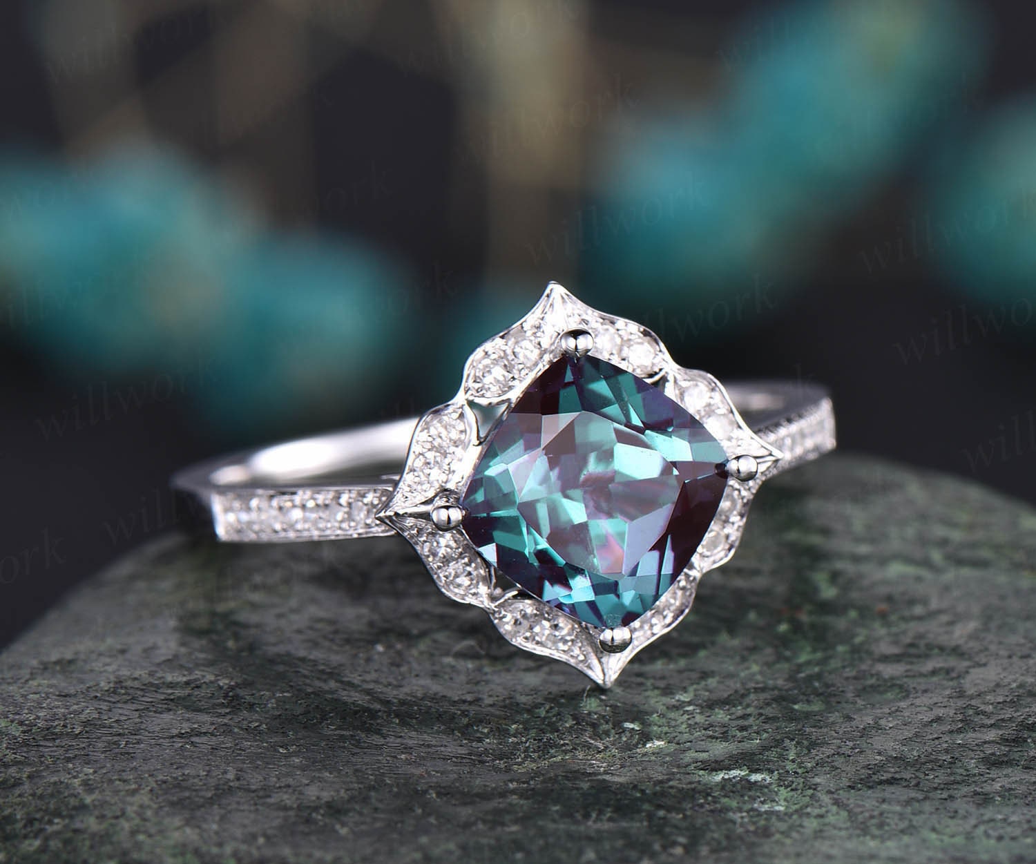Cushion Cut Alexandrite Ring Rose Gold Vintage Flower Unique - Etsy