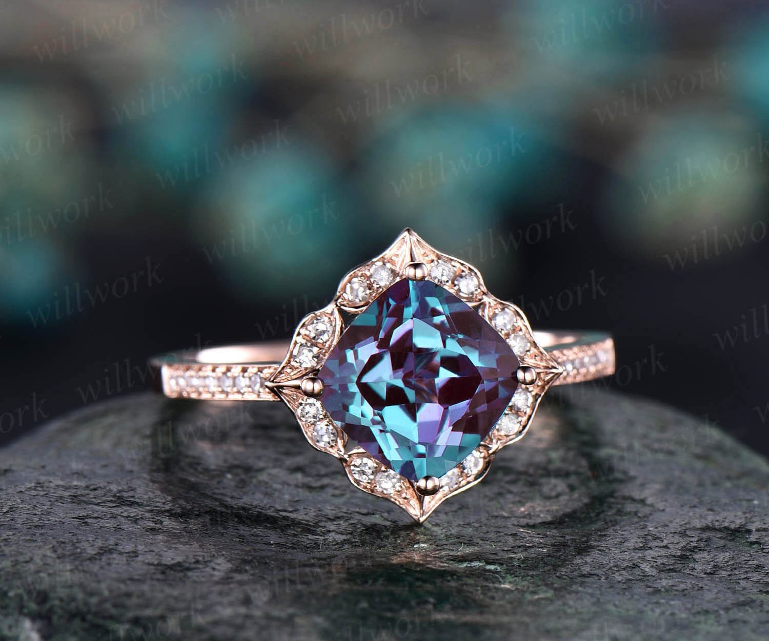 Cushion Cut Alexandrite Ring Rose Gold Vintage Flower Unique - Etsy