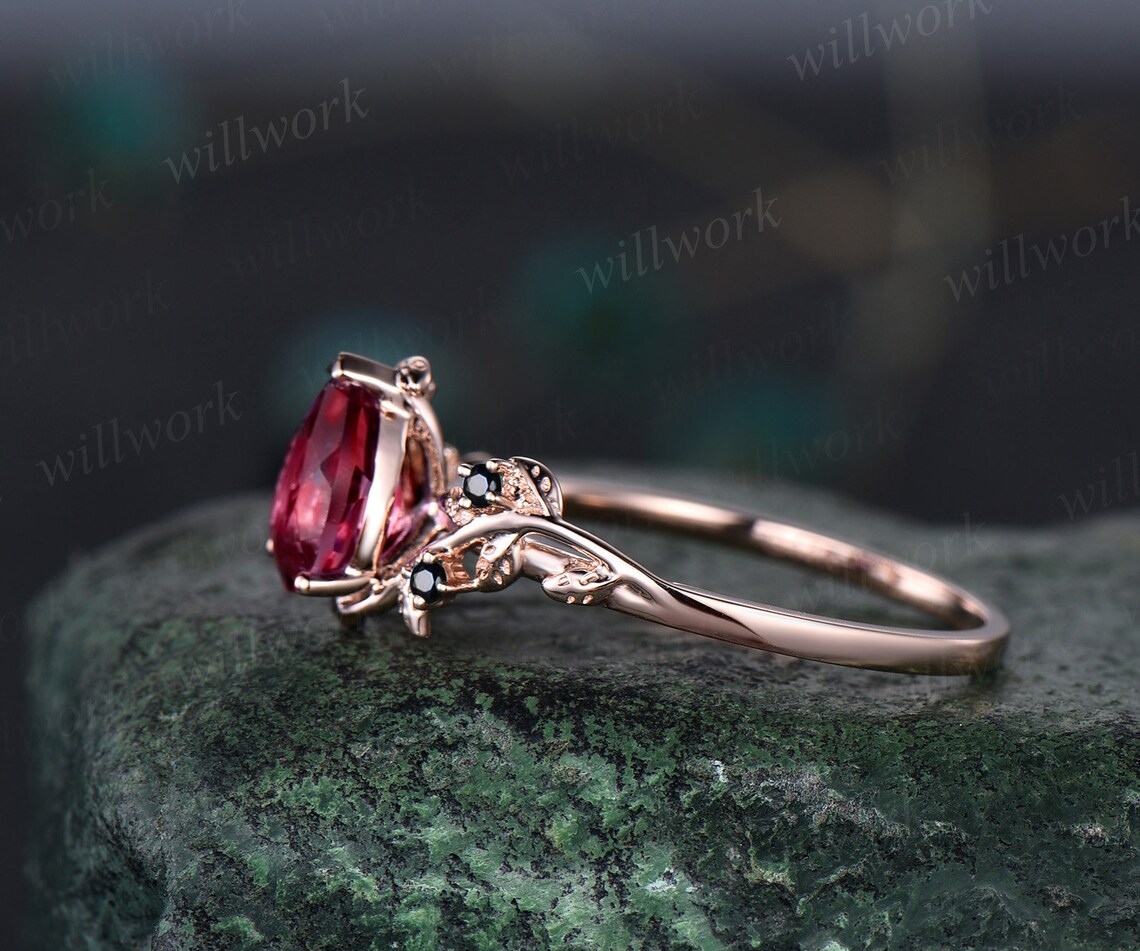 Pear Cut Red Ruby Ring Vintage Art Deco Five Stone Black Spinel Ring ...