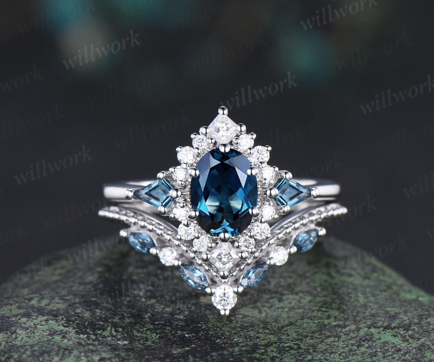 Oval London Blue Topaz Engagement Ring Set 14k White Gold Kite Princess ...