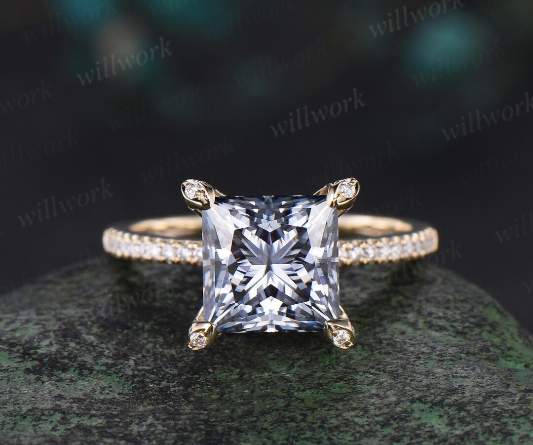 Vintage Princess Cut Gray Moissanite Engagement Ring Yellow Gold ...