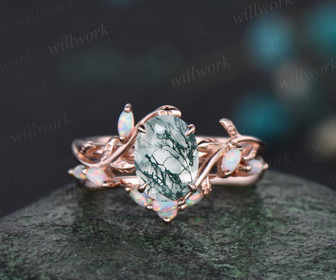 Oval Cut Moss Agate Ring Vintage Five Stone Opal Ring Rose Gold Leaf ...