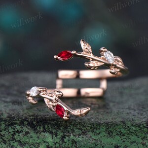Unique Kite Cut Red Ruby Engagement Ring Twig Leaf Rose Gold Diamond ...