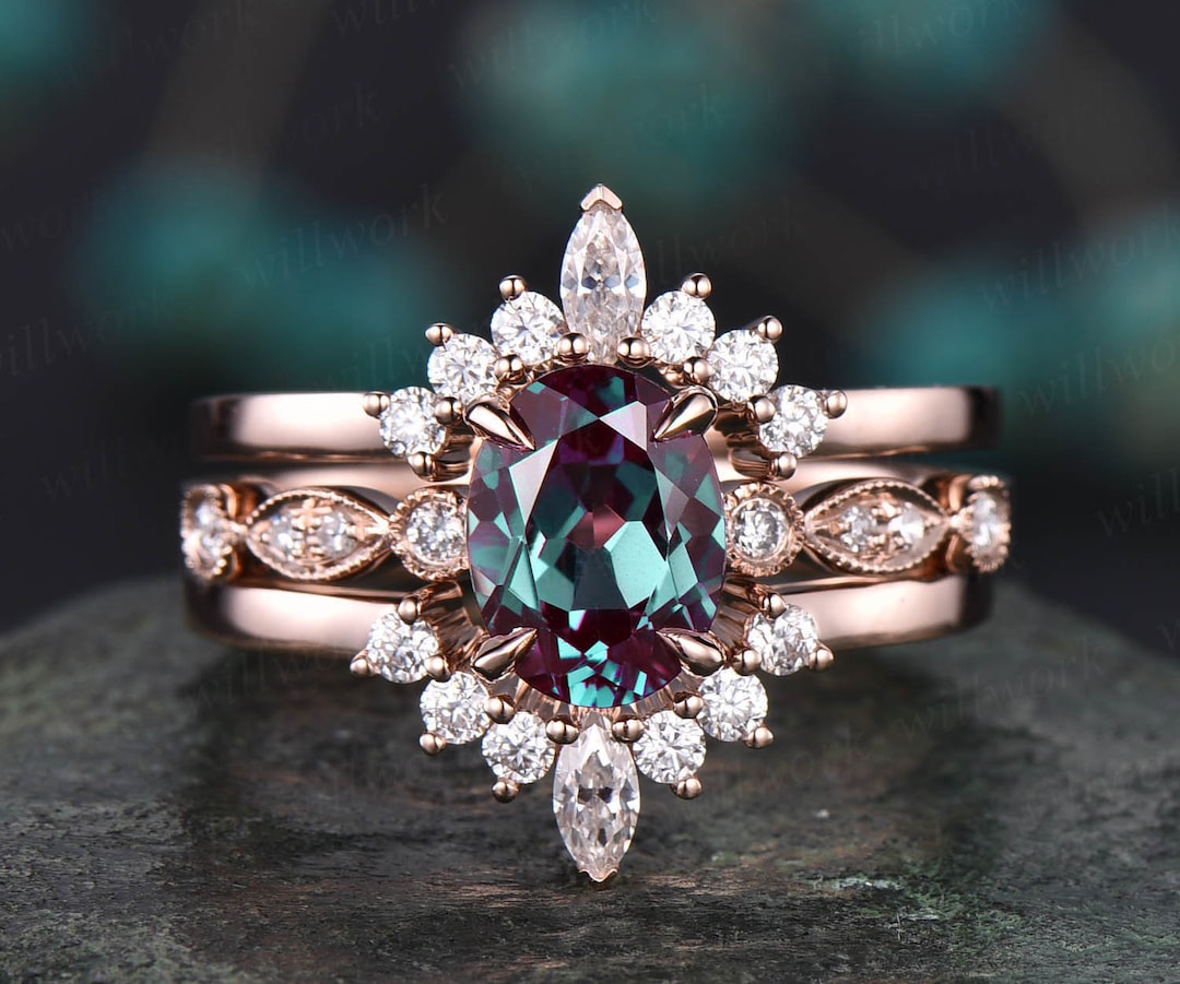 Vintage Alexandrite Engagement Ring Set Vintage Diamond Ring Set Oval ...