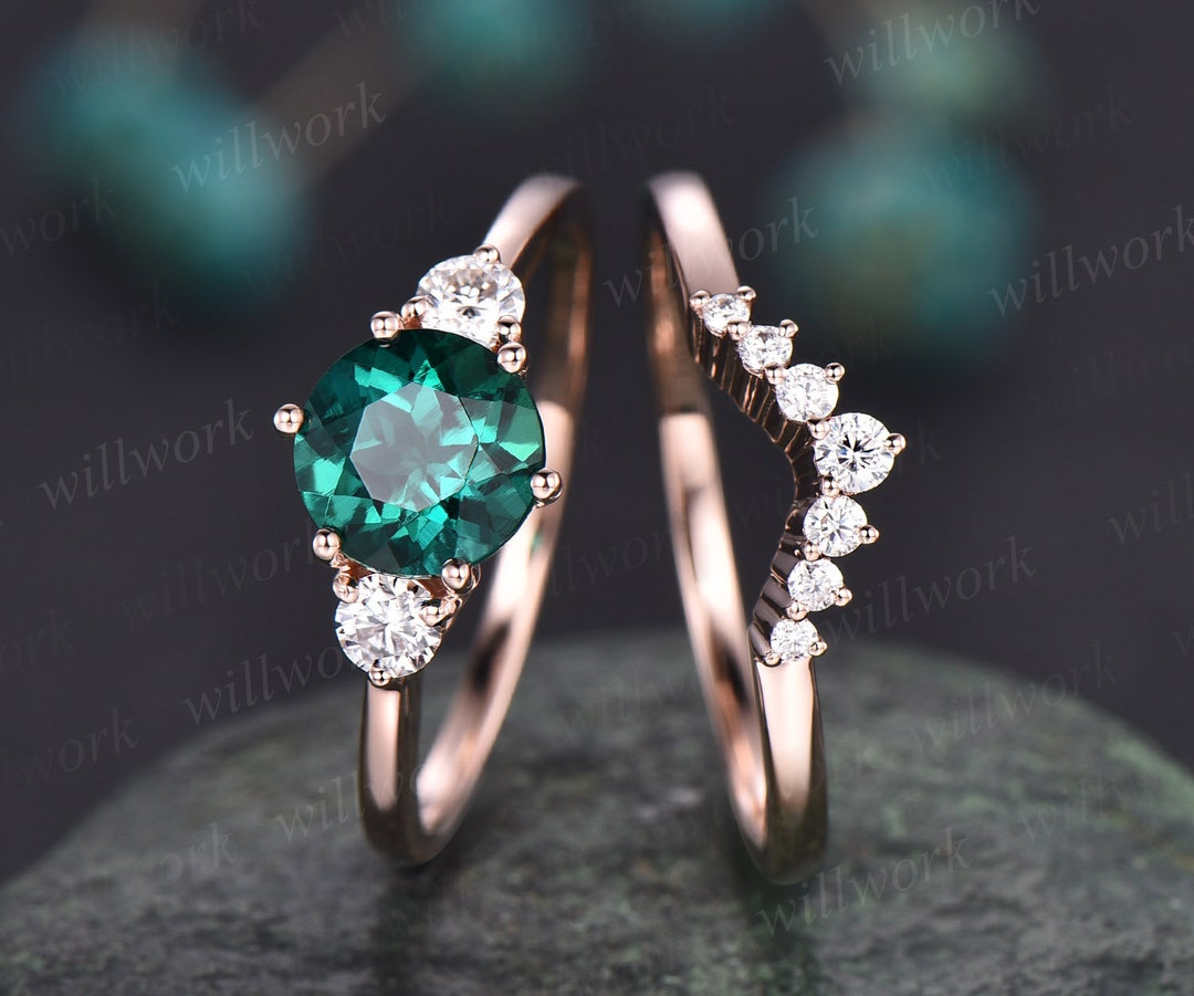 2pcs Round Emerald Engagement Ring Set Emerald Rings for Women Vintage ...
