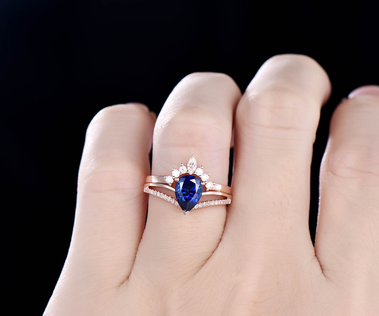 6x8mm 2pc Sapphire Bridal Set Sapphire Engagement Ring Set | Etsy