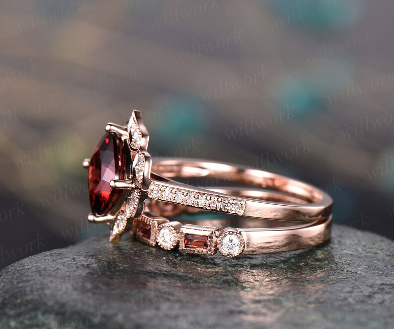 2pc Red Garnet Engagement Ring 14k Rose Gold Garnet Ring Gold Antique ...