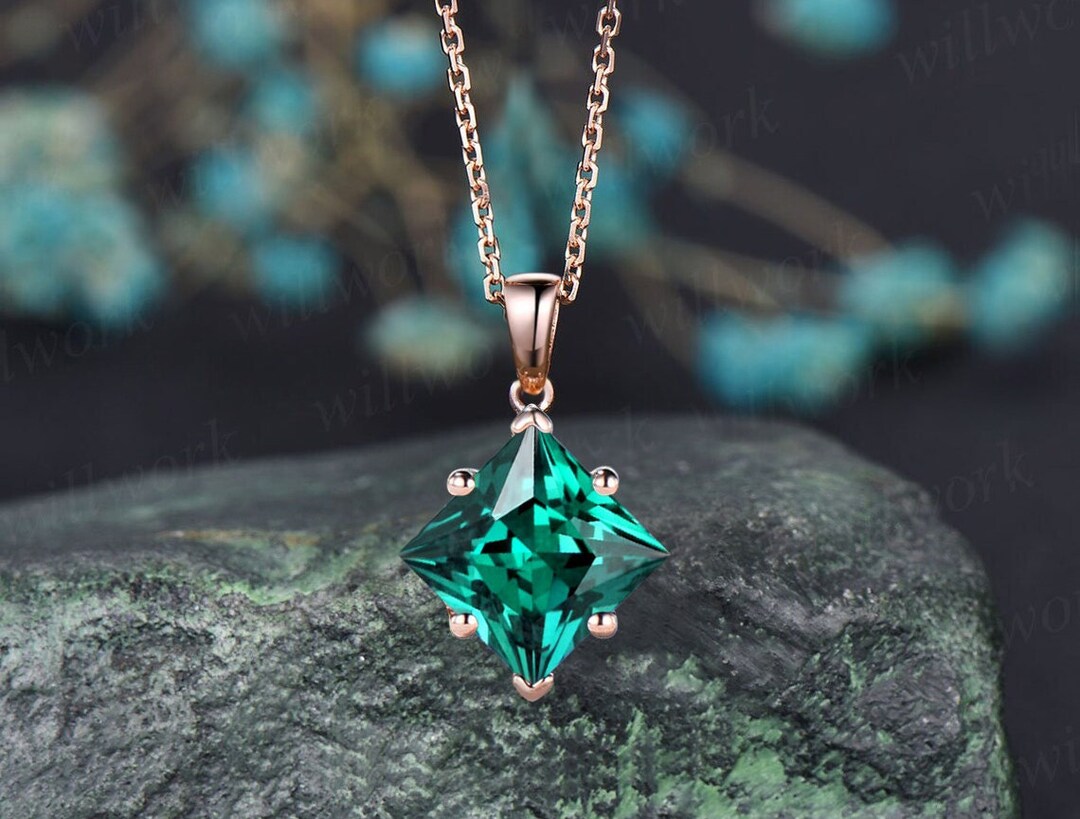 Princess Cut Green Emerald Necklace Rose Gold Vintage Unique ...