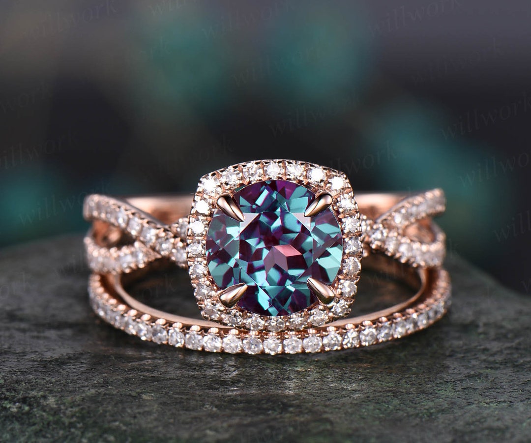 Unique Infinity Halo Engagement Ring 2pcs Round Alexandrite Engagement ...