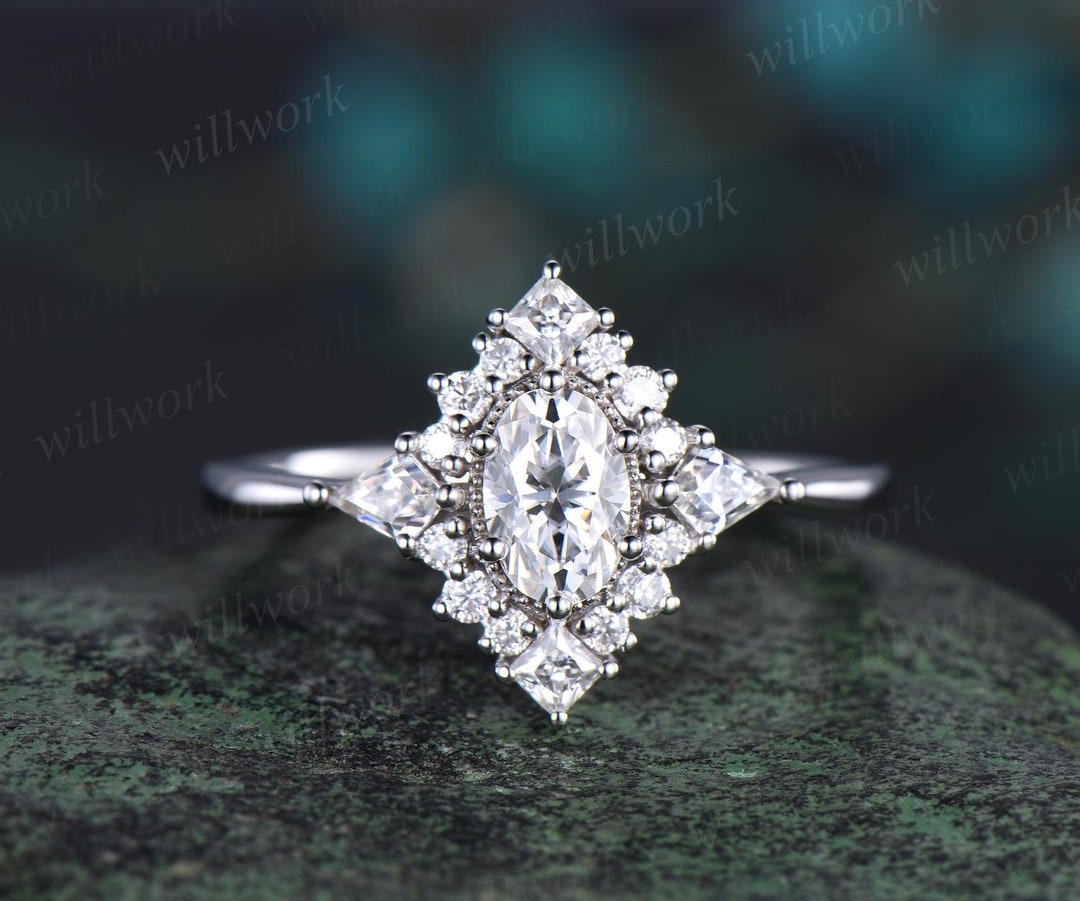 Oval Cut Moissanite Ring Vintage White Gold Halo Kite Princess Unique ...