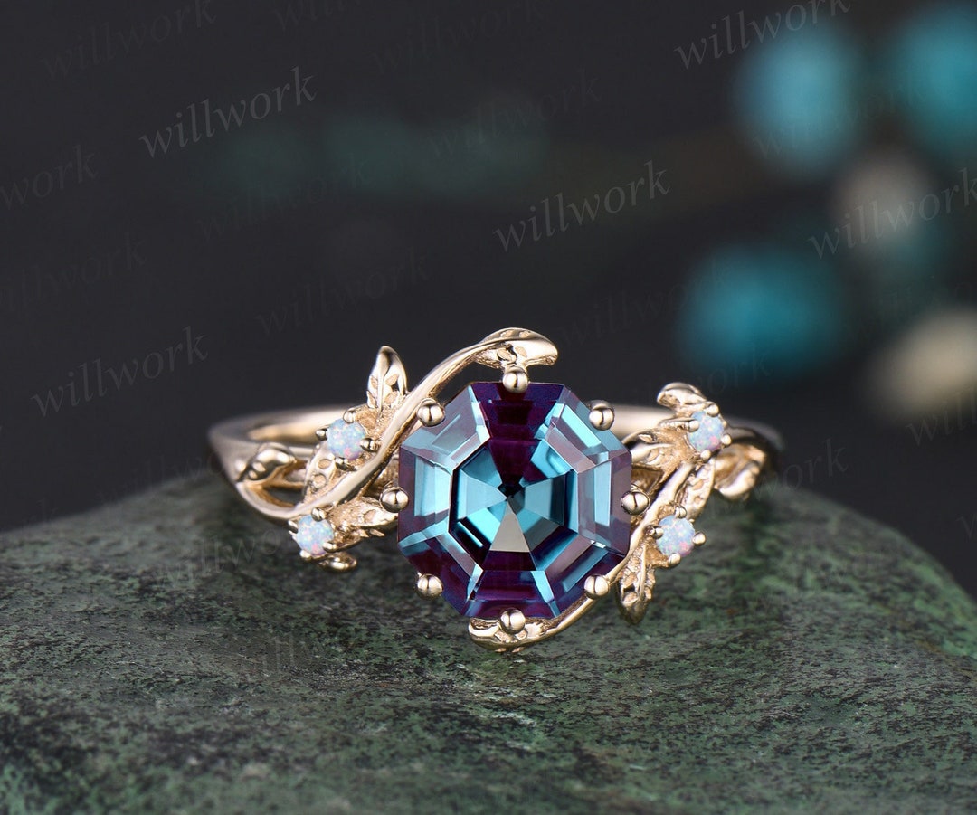 Octagon Alexandrite Ring Vintage Five Stone Opal Ring Leaf Nature ...