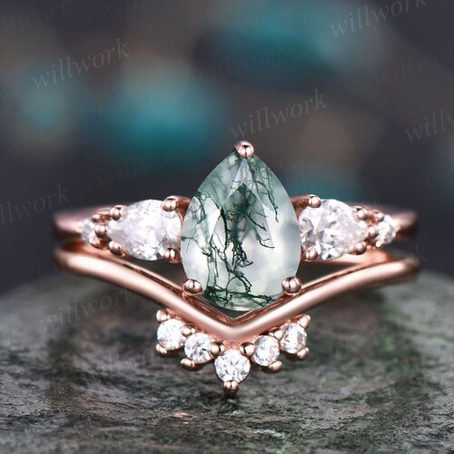 Vintage Pear Shaped Moss Agate Engagement Ring Set 14k Rose - Etsy