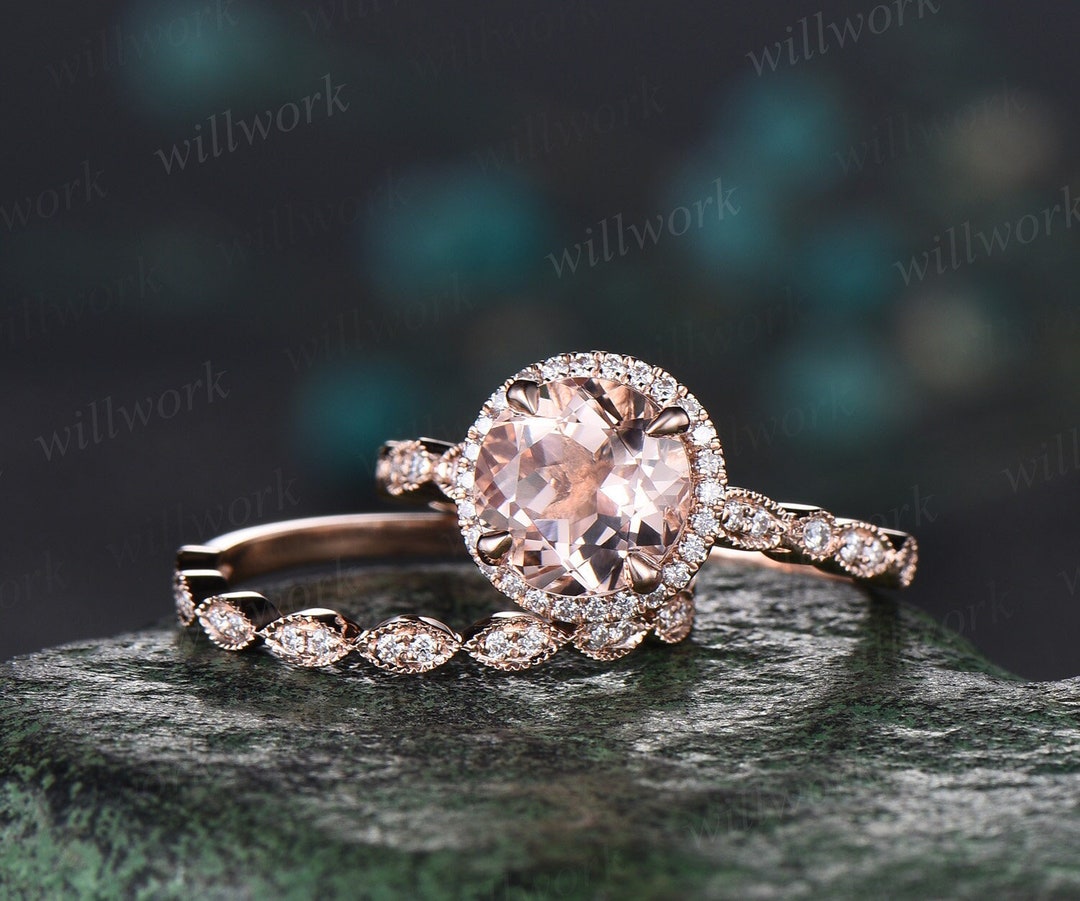 Vintage Round Cut Morganite Engagement Ring Solid 14k Rose Gold Half ...