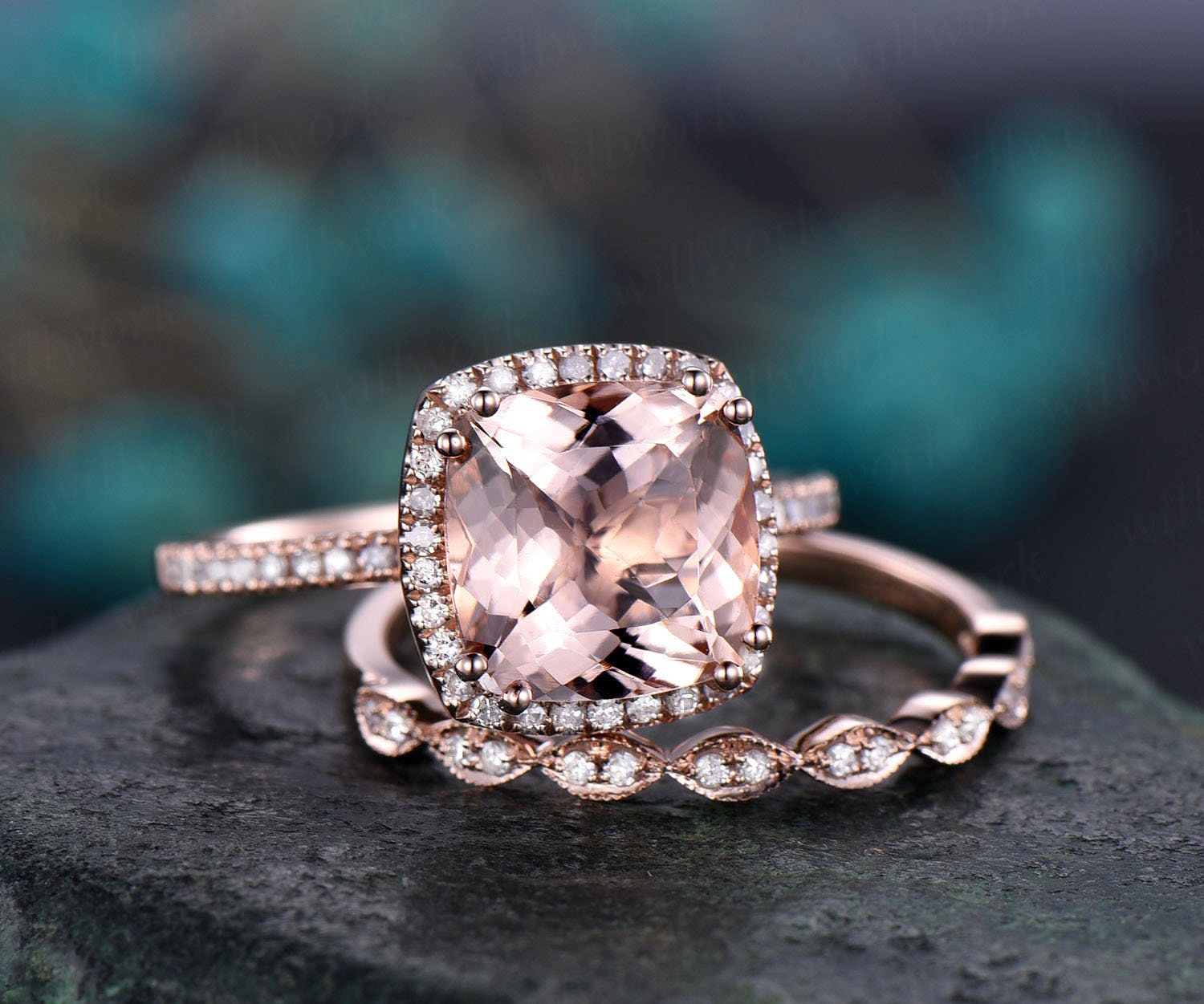 9mm Cushion Cut Morganite Bridal Set Pink Morganite Engagement - Etsy