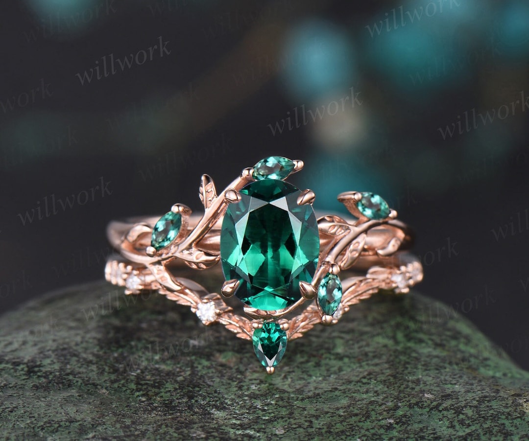 Vintage Oval Cut Green Emerald Engagement Ring Rose Gold Cluster Leaf ...