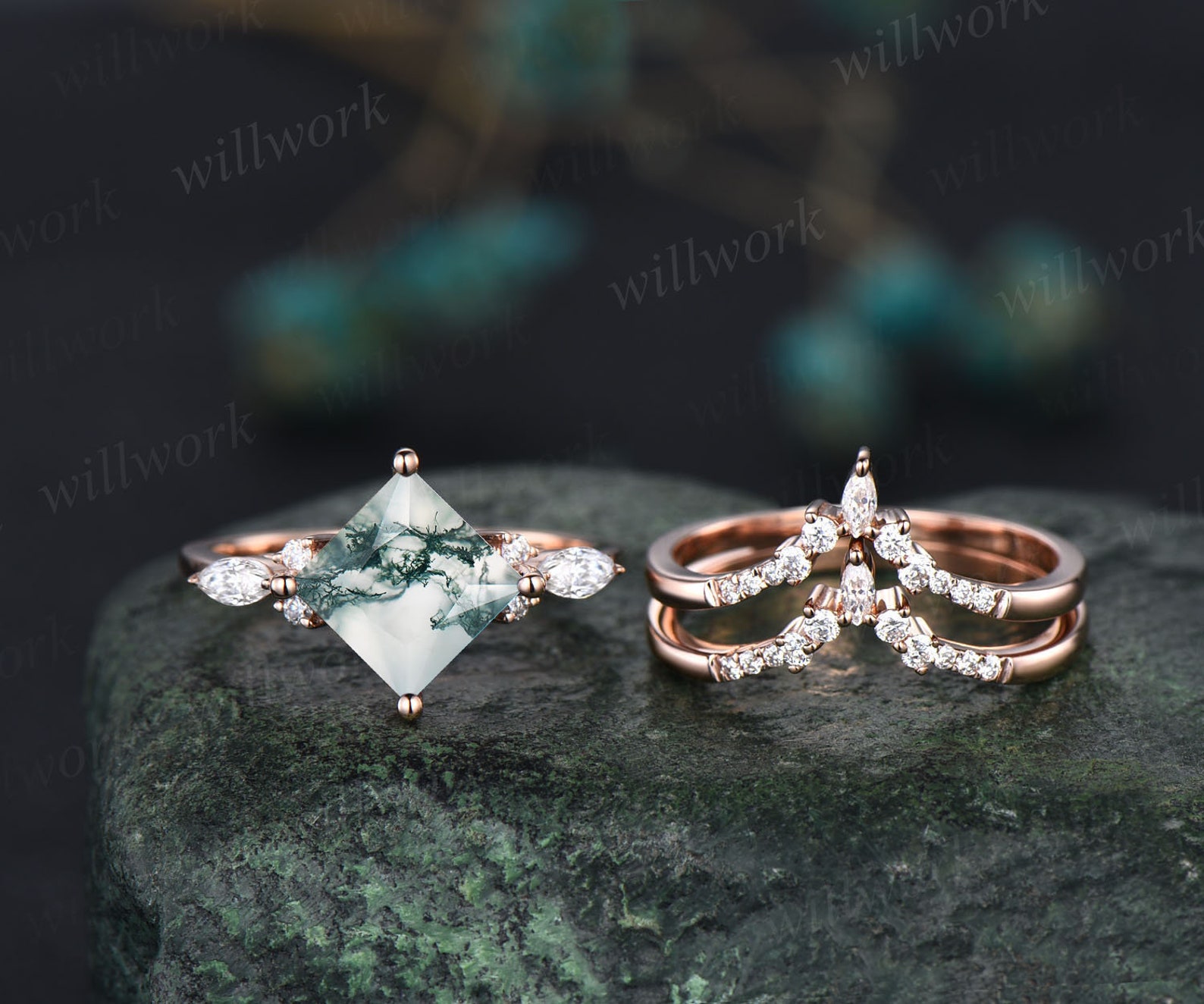 Princess Cut Moss Agate Ring Gold Vintage Green Moss Agate Engagement ...