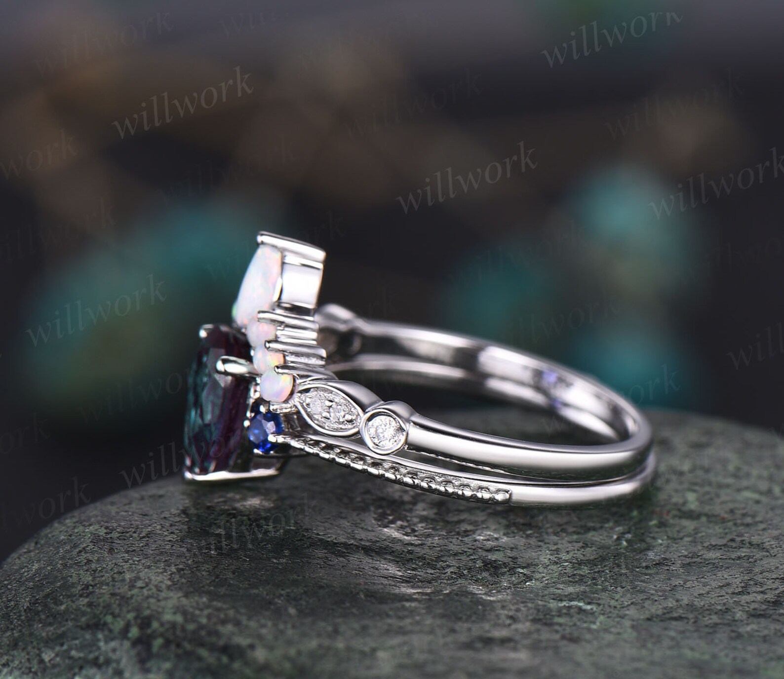 Vintage Alexandrite Engagement Ring Set Three Stone Sapphire Ring Set ...