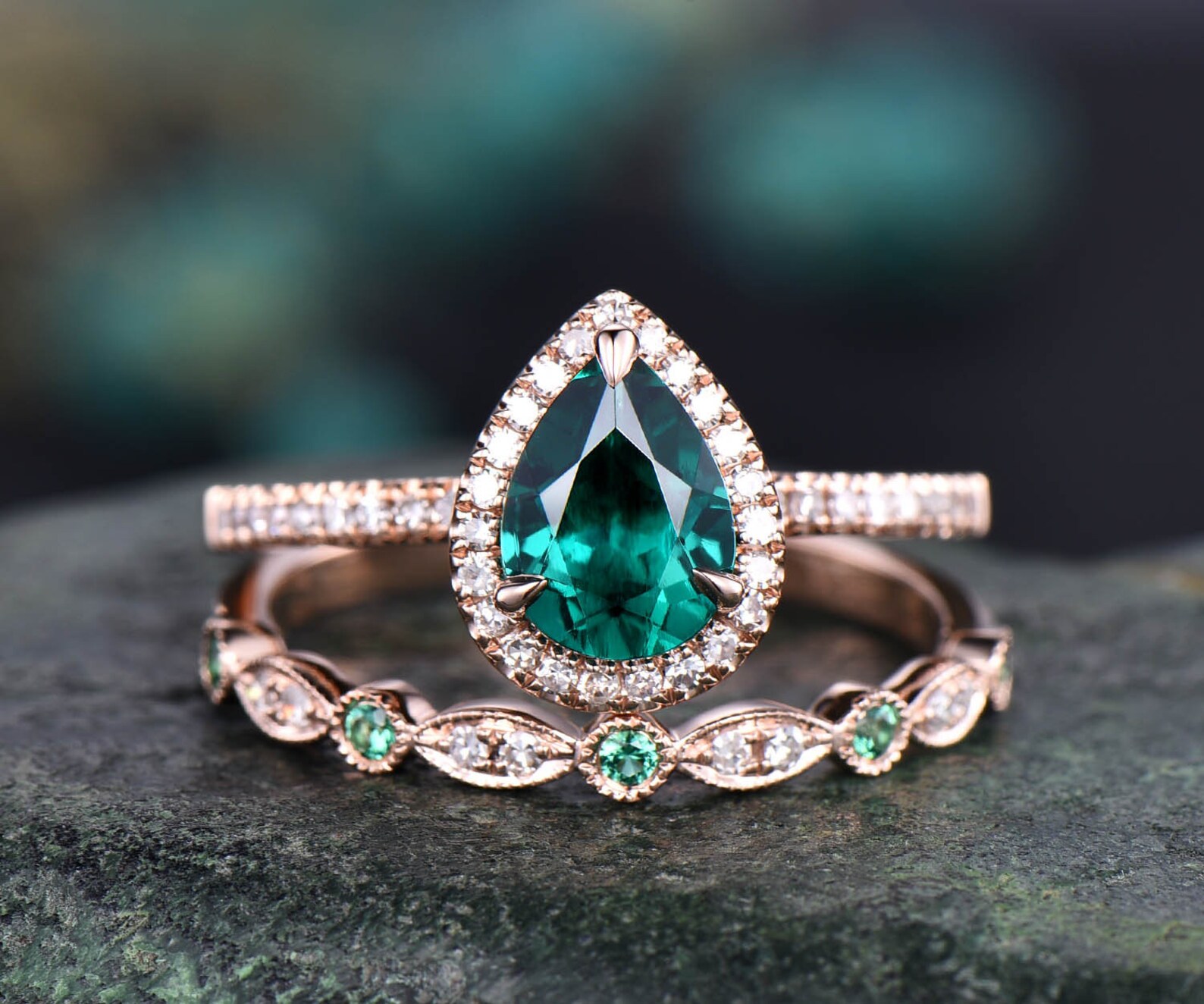 Green Emerald Engagement Ring Set White Gold Natural Emerald Wedding ...
