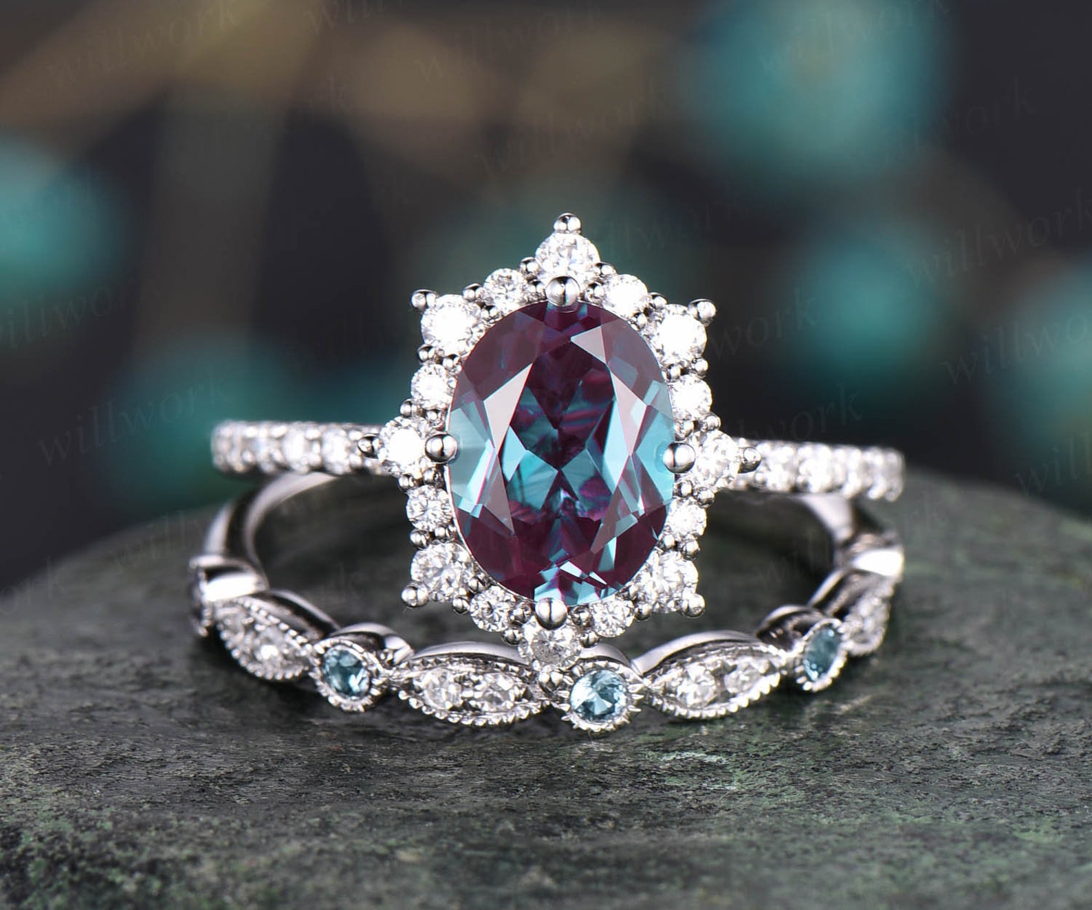 2pcs Vintage Unique Alexandrite Engagement Ring Set 14k Rose - Etsy