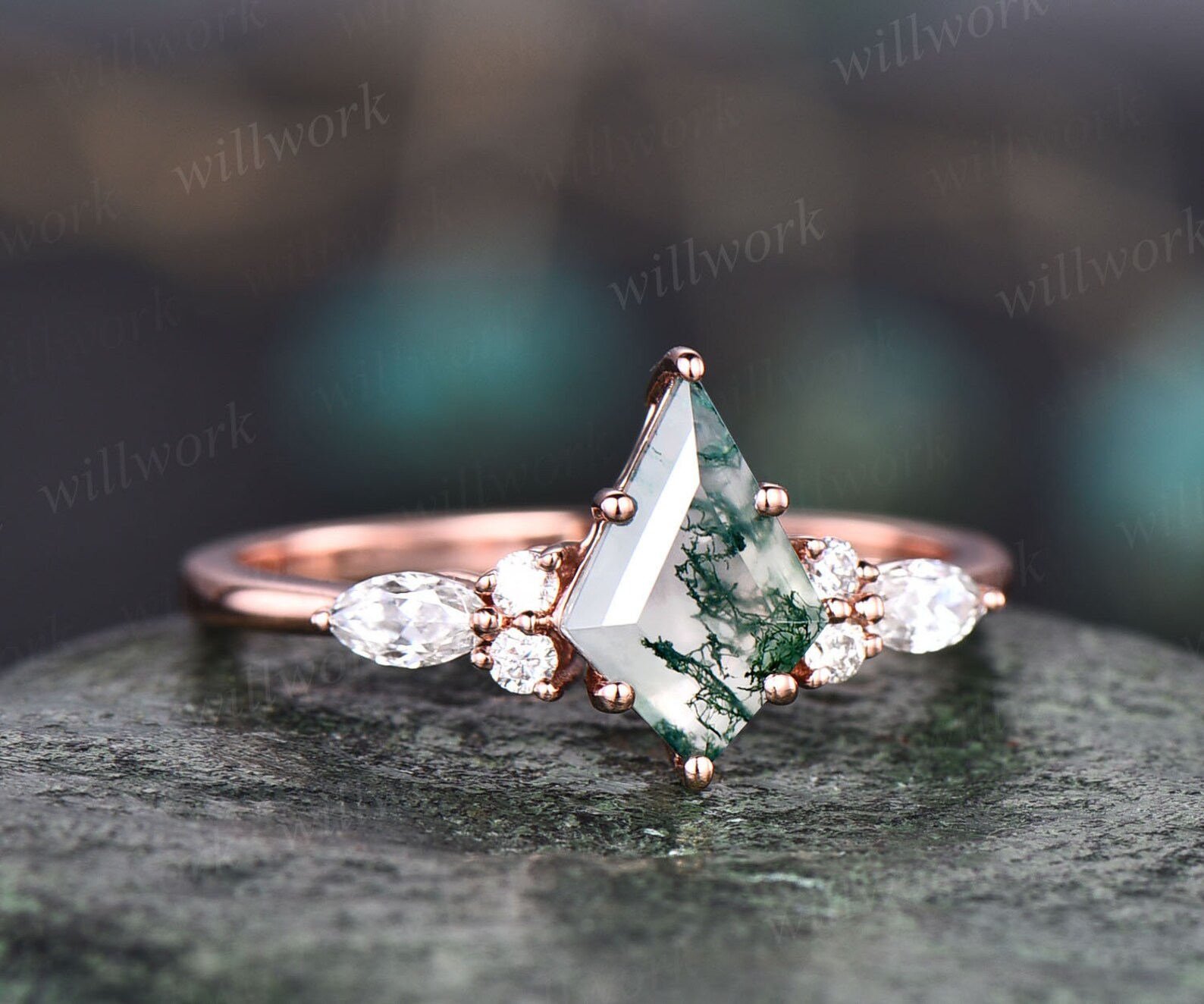 Moss Agate Ring Kite Cut Moss Agate Engagement Ring Set Rose - Etsy
