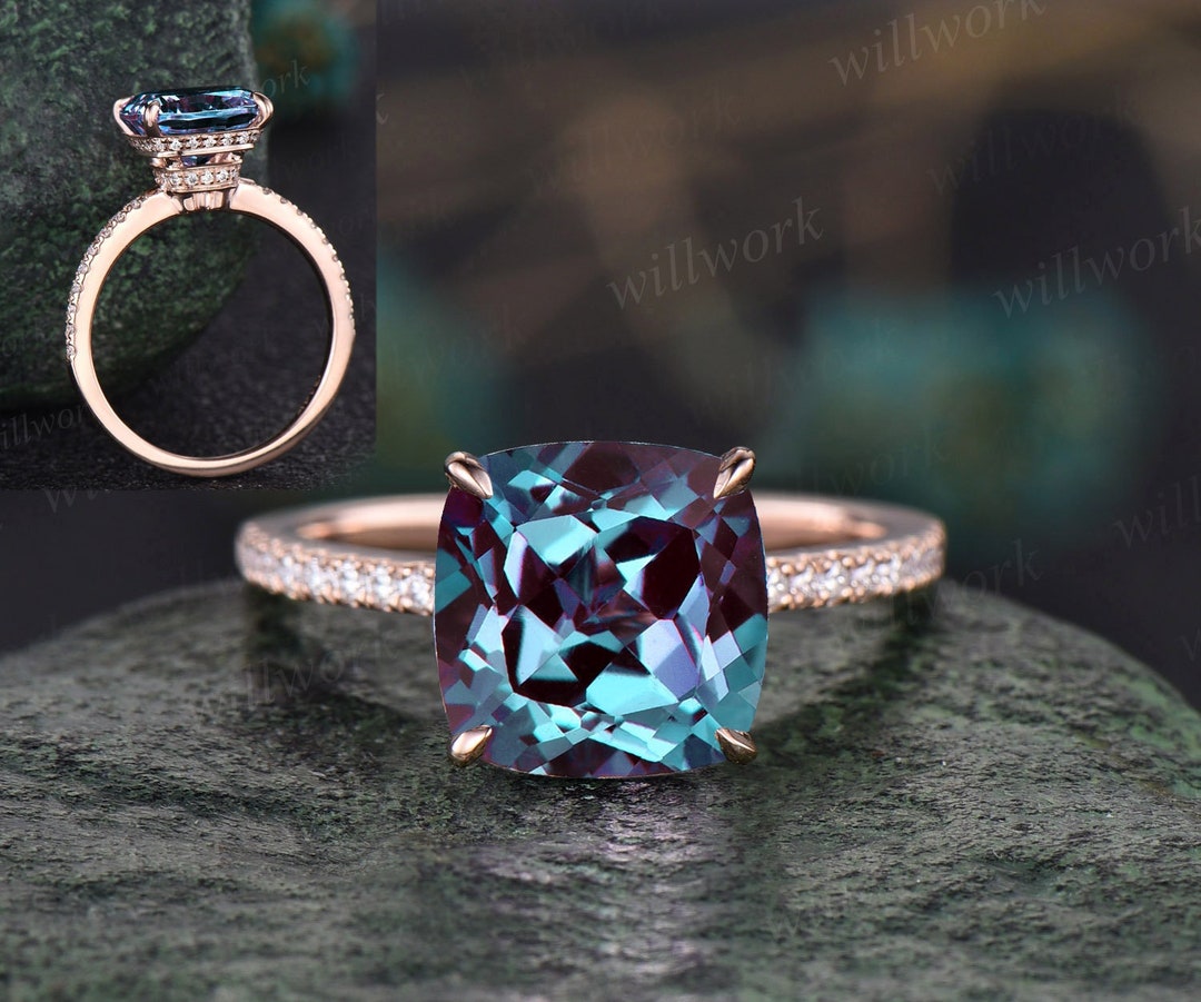 Vintage 8mm Cushion Cut Alexandrite Engagement Ring for Women Rose Gold ...