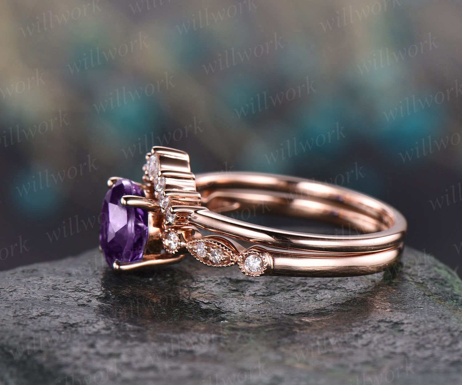 Amethyst Engagement Ring Set Rose Gold Amethyst Ring Vintage - Etsy