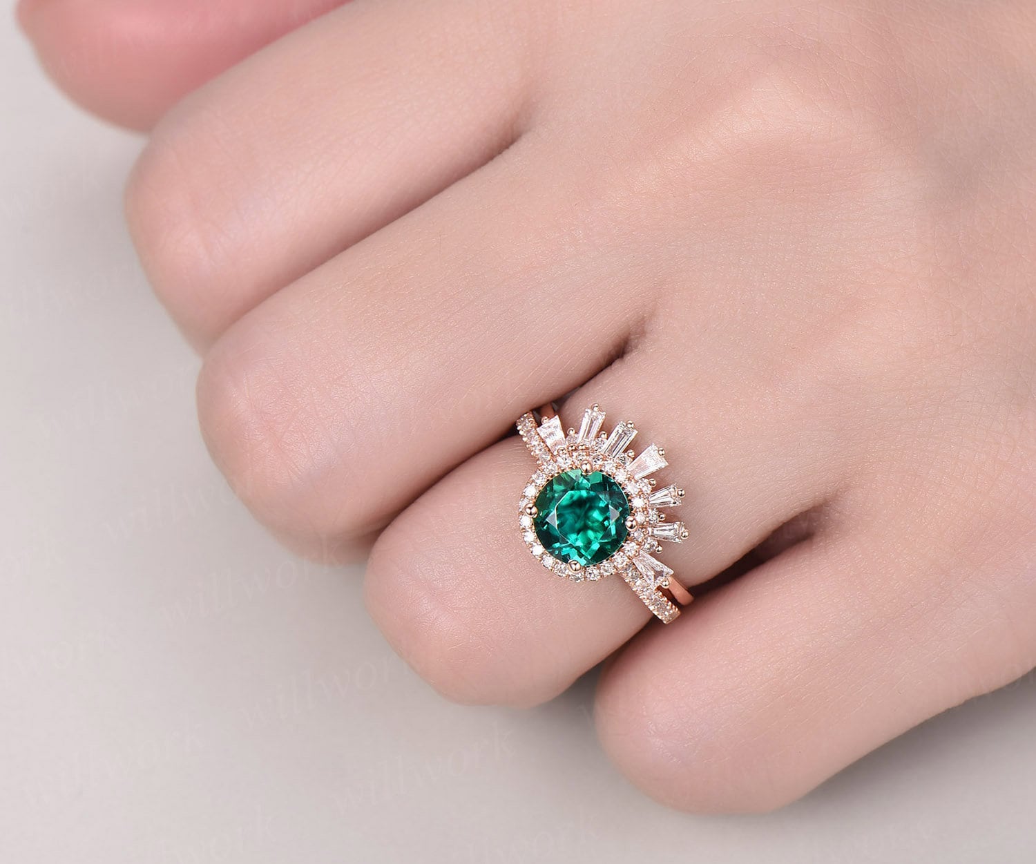 Green Emerald Engagement Ring Set Rose Gold Real Diamond Ring Matching ...